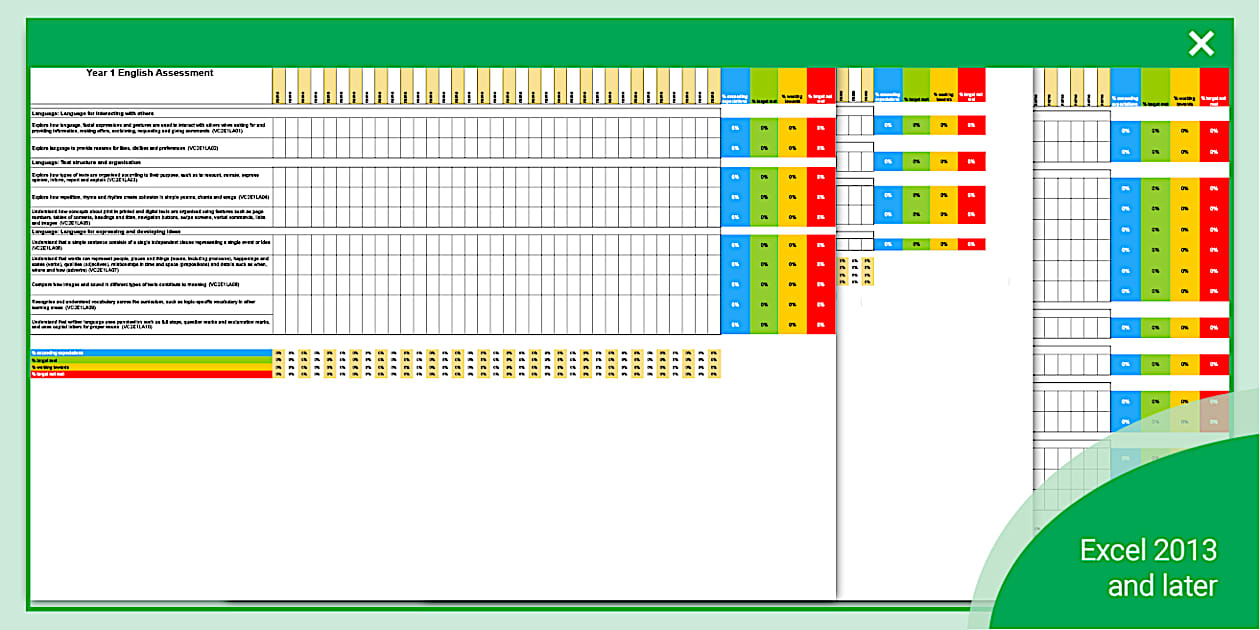 Victorian Curriculum Year 1 English Assessment Spreadsheet