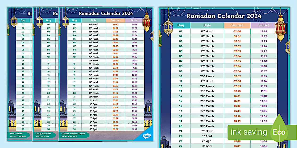 Ramadan Calendar 2024 for Australian Capital Cities | Twinkl