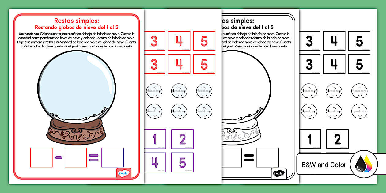Restas simples: Restando globos de nieve del 1 al 5 - Twinkl