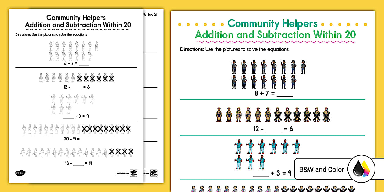 First Grade Community Helpers Addition and Subtraction Within 20 Worksheet