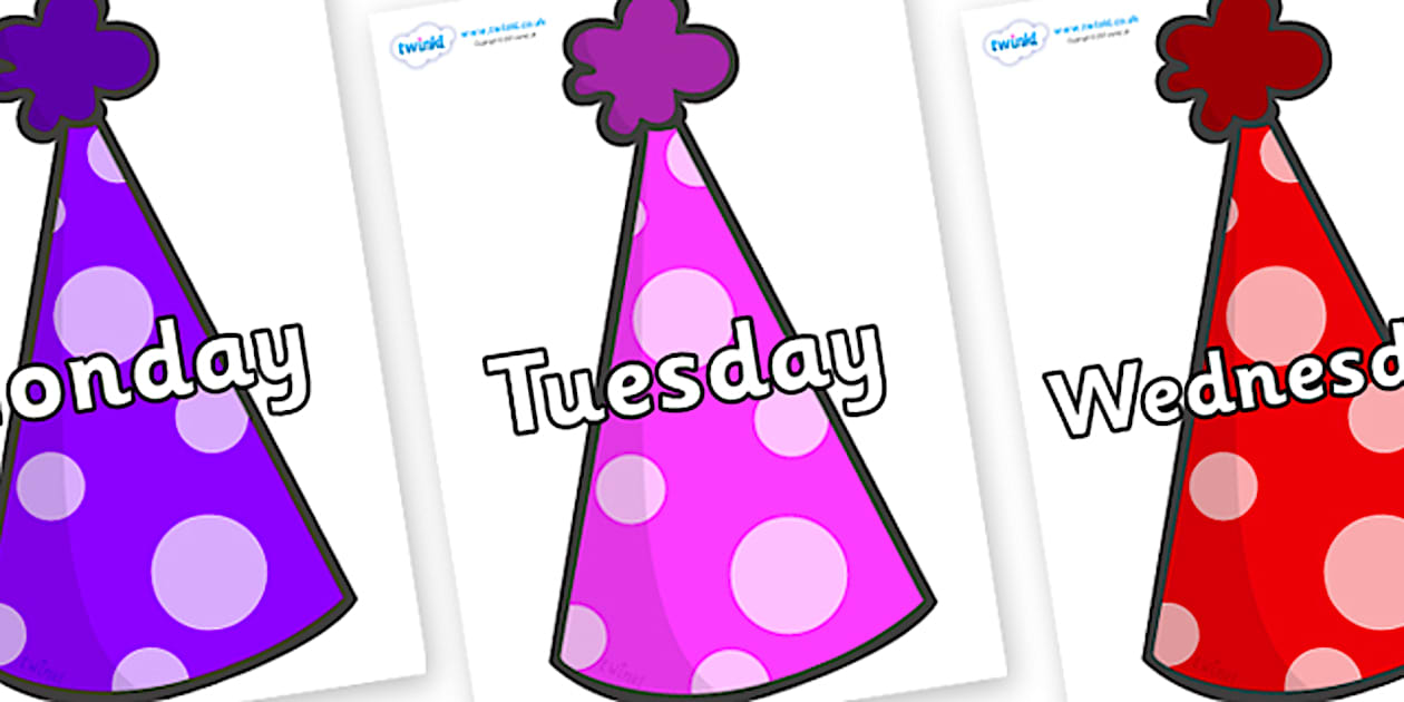 Days of the Week on Party Hats (teacher made) - Twinkl