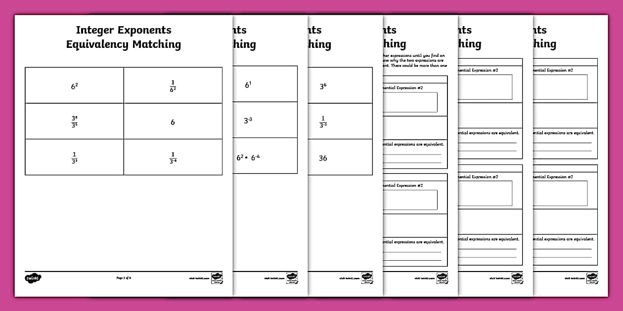 Eighth Grade Integer Exponents Equivalency Matching Activity Worksheet