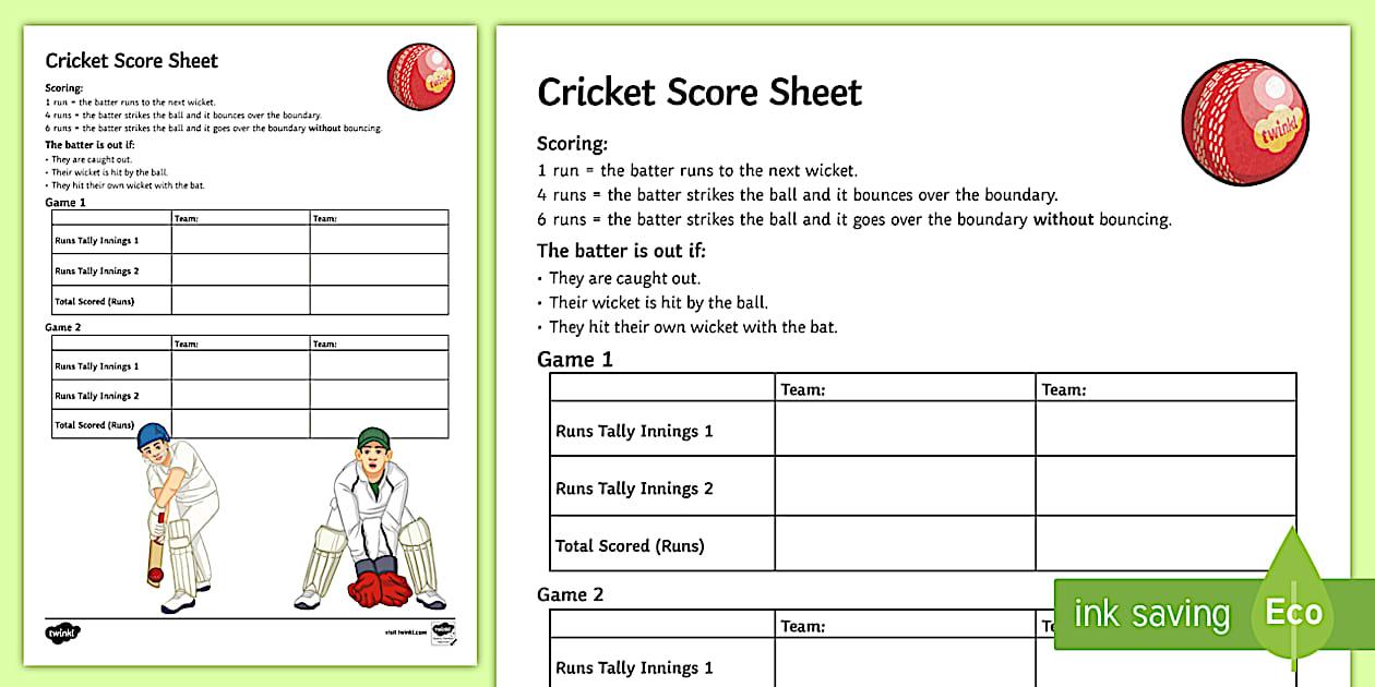 Black and White Cricket Score Sheet Activity - Twinkl
