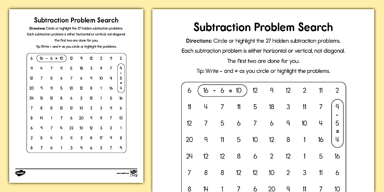 Second Grade Subtraction Problem Search Worksheet - Twinkl
