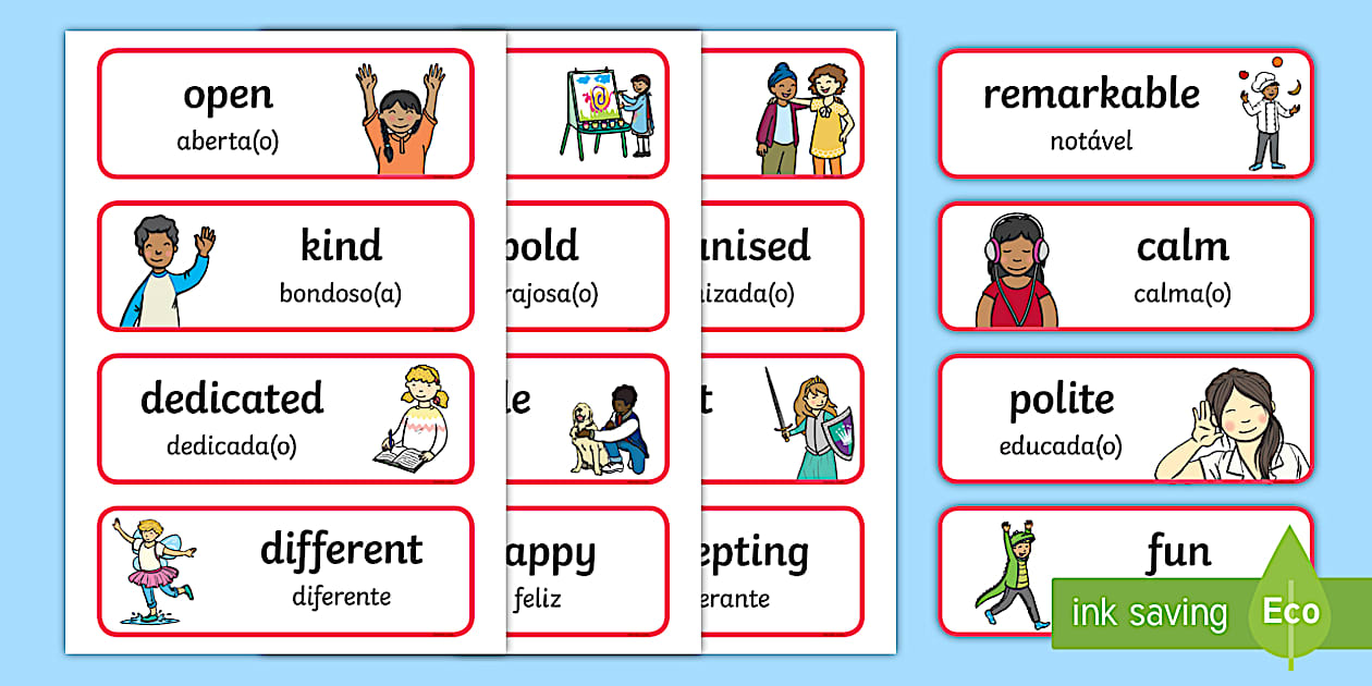 Inspirational Adjective Word Cards English/Portuguese - Inspirational