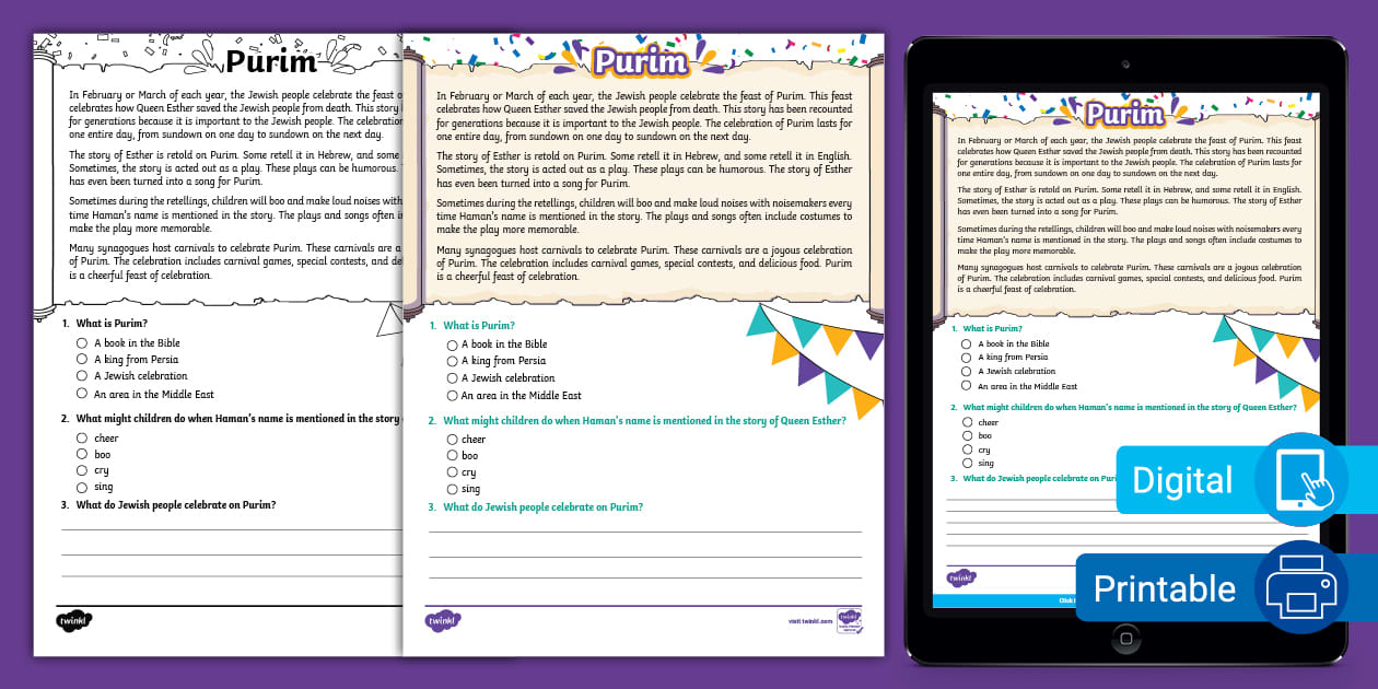 Fifth Grade Purim Reading Passage Comprehension Worksheet