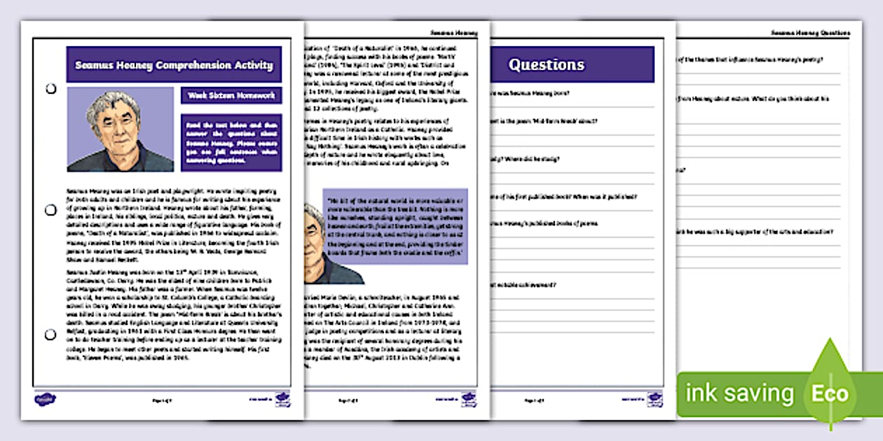 Seamus Heaney Comprehension Activity Week Sixteen Homework