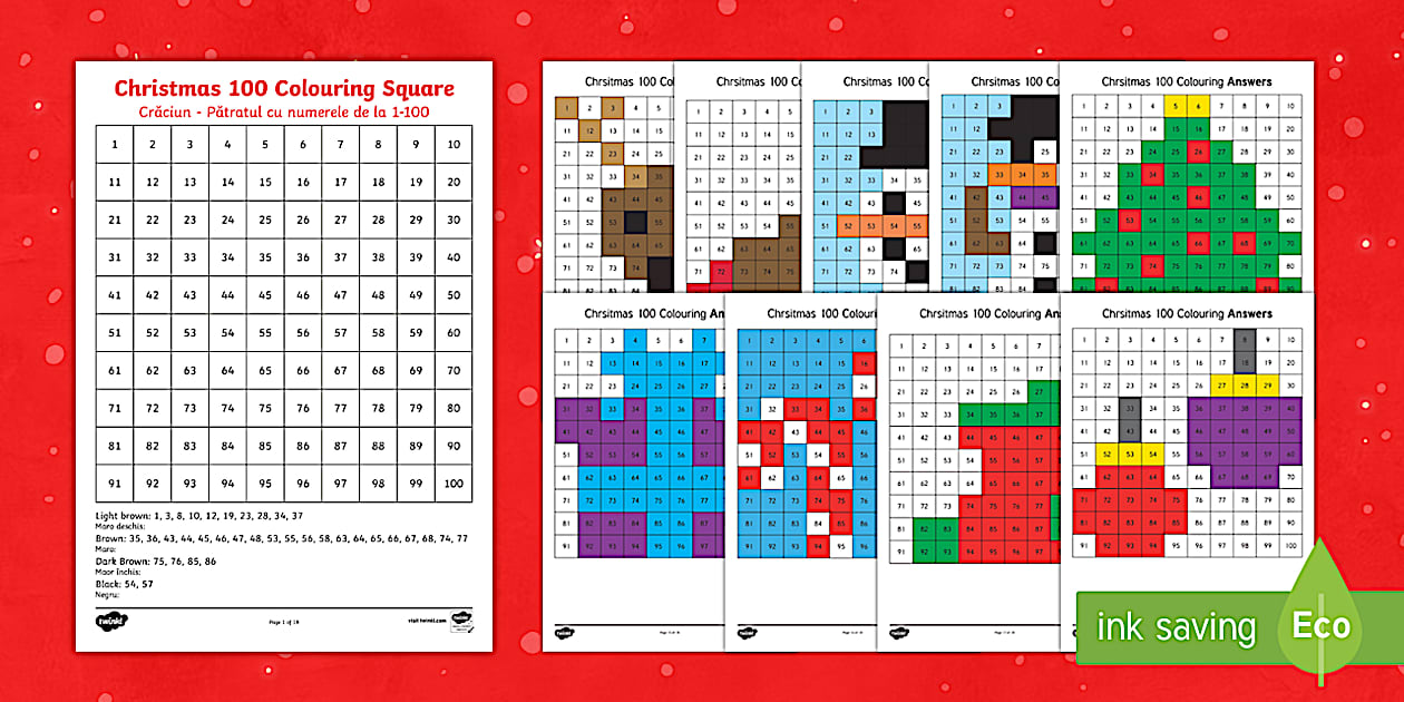 Christmas 100 Square Colour by Number Romanian/English