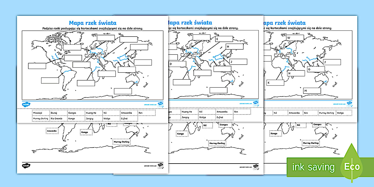Black and White Karty pracy Mapa rzek świata - Zróżnicowany stopień ...