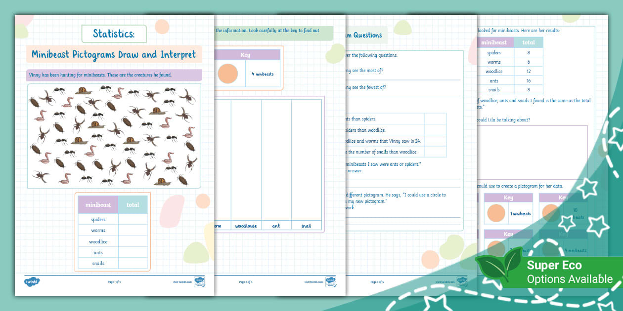 Statistics: Minibeast Pictograms Draw and Interpret - Twinkl