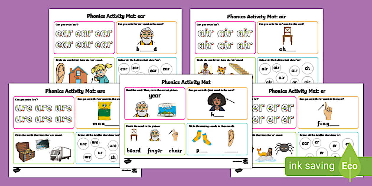 Editable EYFS Phase 3 ear, air, ure, er Phonics Activity Mats