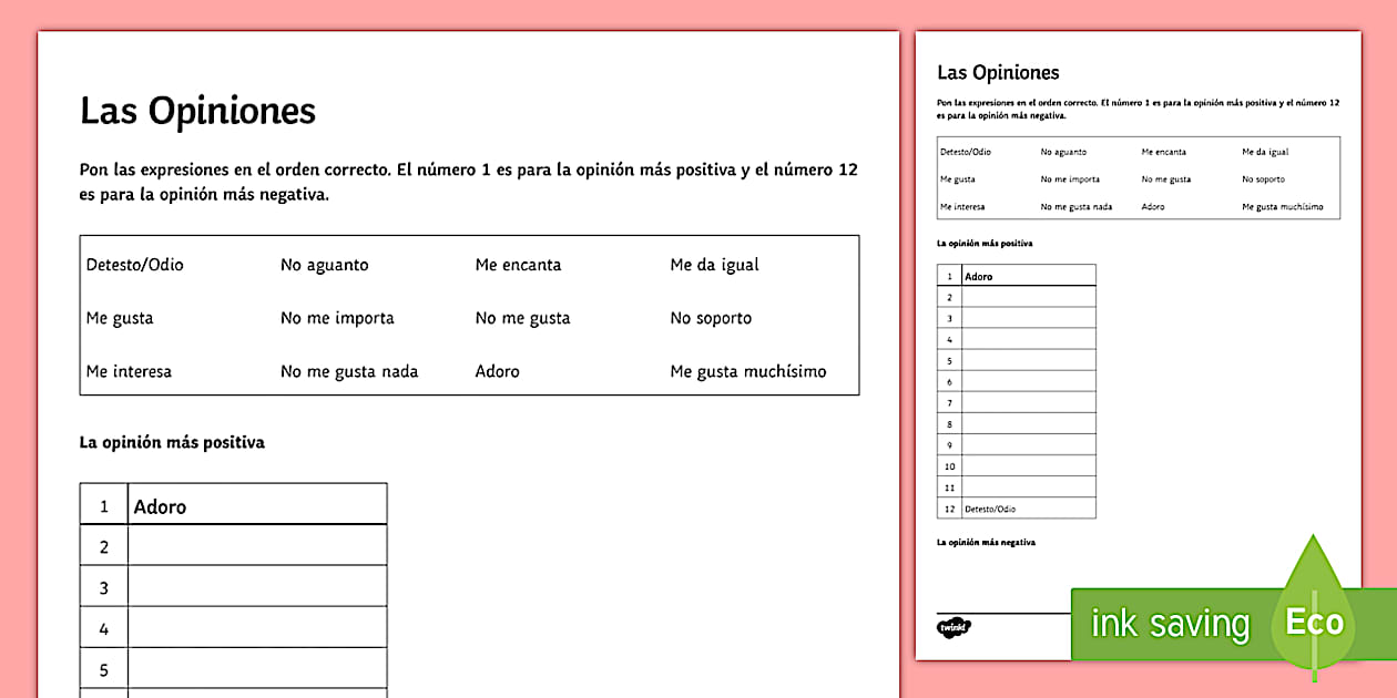Positive And Negative Opinions Worksheet / Worksheet Spanish