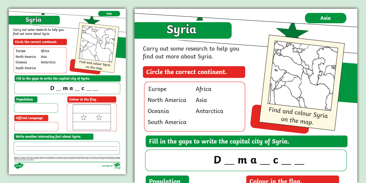 KS1 Syria Research Activity - Geography (teacher made)