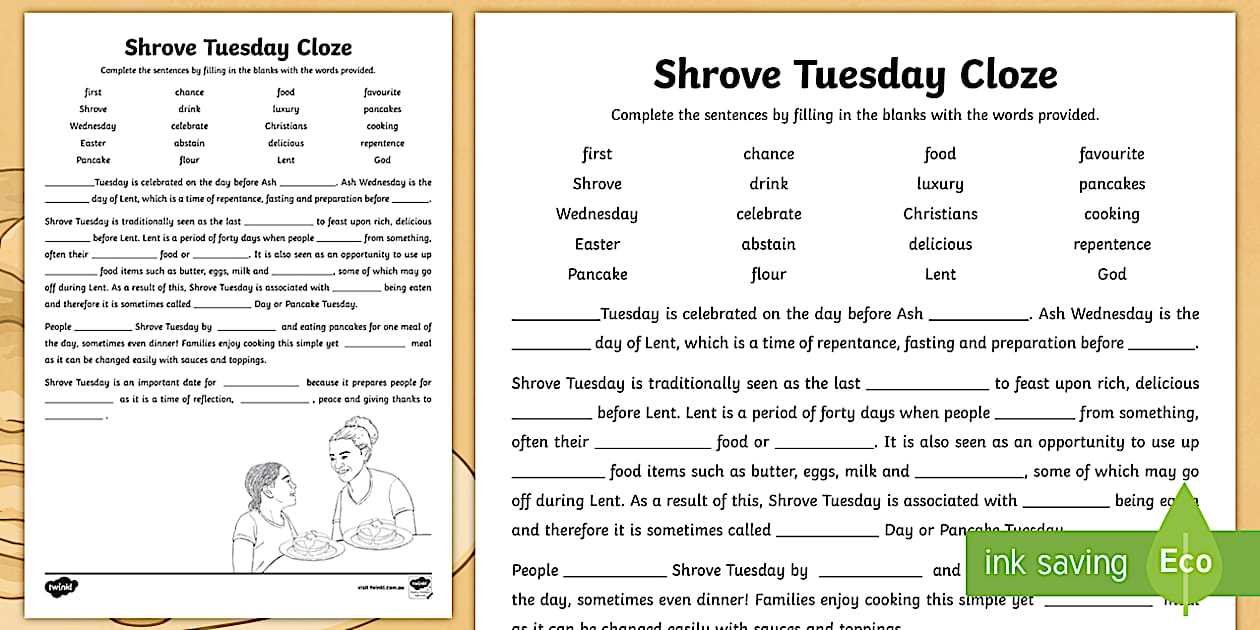Shrove Tuesday Worksheet | Cloze Activity (teacher made)