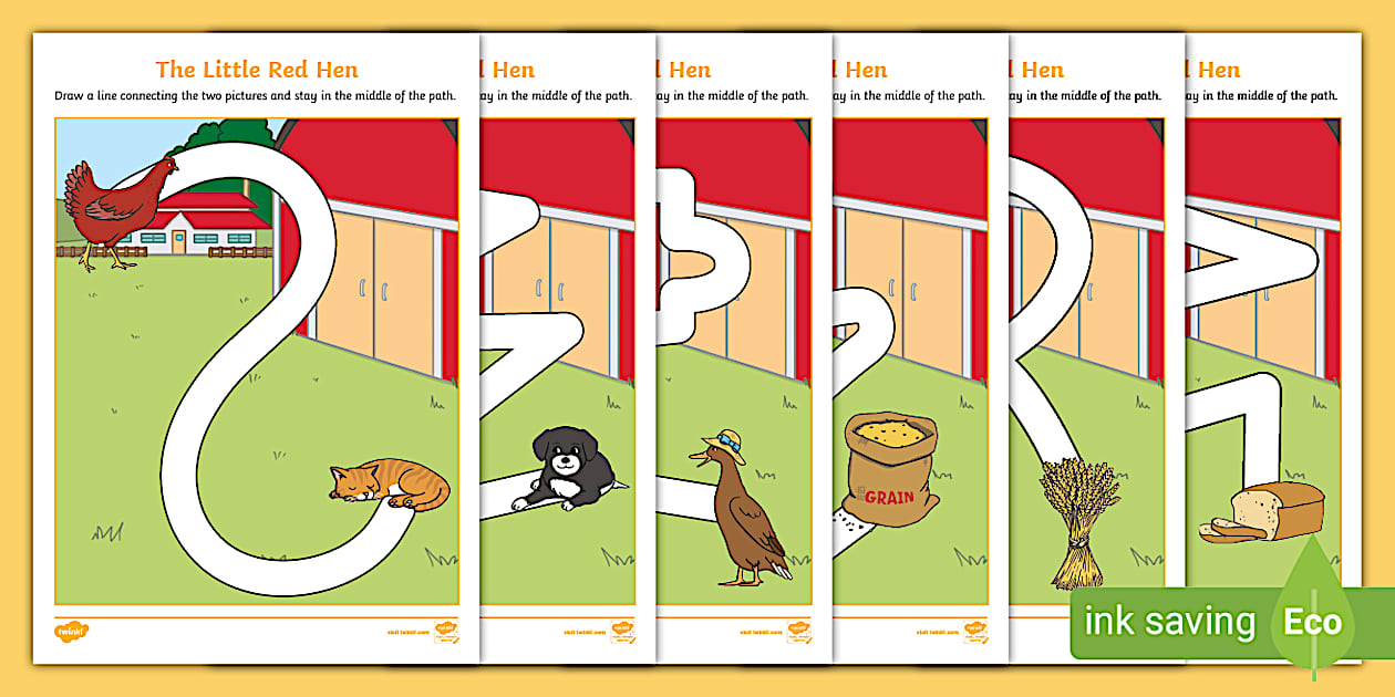 The Little Red Hen Pencil Control Path Worksheets - Twinkl