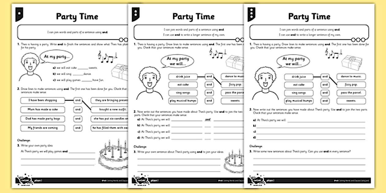 Party Time Differentiated Worksheet / Worksheet Pack