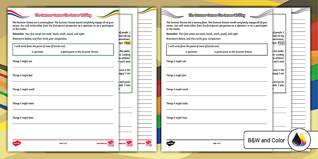 Summer Games: Five Senses Worksheet, Mentor Text, & Rubric