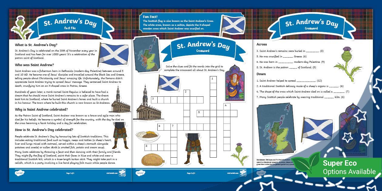KS2 St. Andrew's Day Fact File and Crossword | Ages 7-11