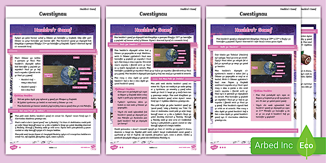 Taflenni Gwaith Heuldro’r Gaeaf – Darllen a Deall – CC2