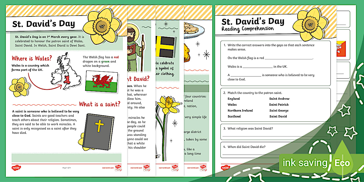 St. David's Day Reading Comprehension (Ages 5 - 7) - Twinkl
