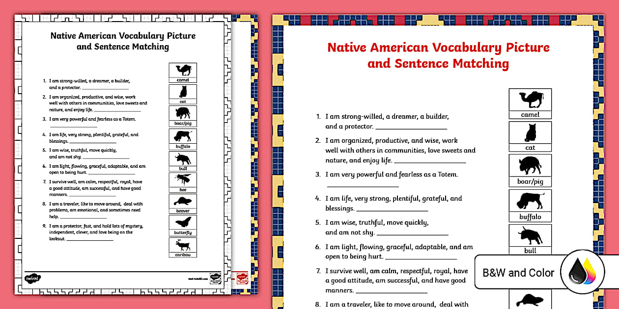 Native American Vocabulary Worksheet | Twinkl USA - Twinkl