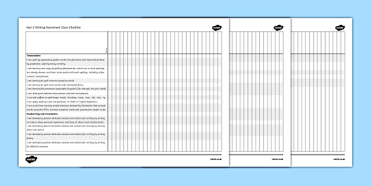 2014 National Curriculum Year 2 English Writing Assessment Class Checklist