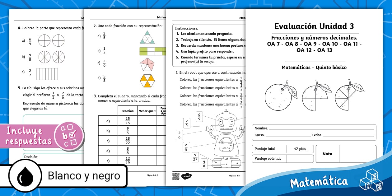 Prueba fracciones quinto básico PDF -Matemáticas Unidad 3
