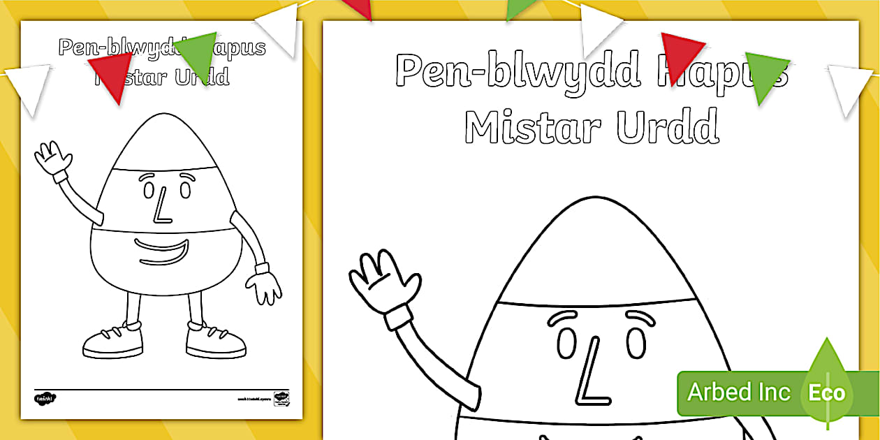 Canmlwyddiant yr Urdd: Taflen Lliwio Pen-blwydd Hapus Mistar Urdd/Urdd