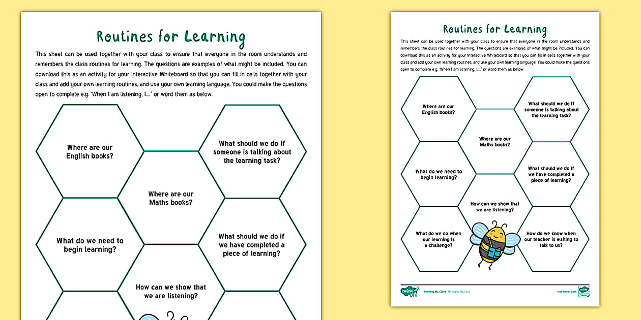 Classroom Routines Worksheet - Learning Routines - Twinkl