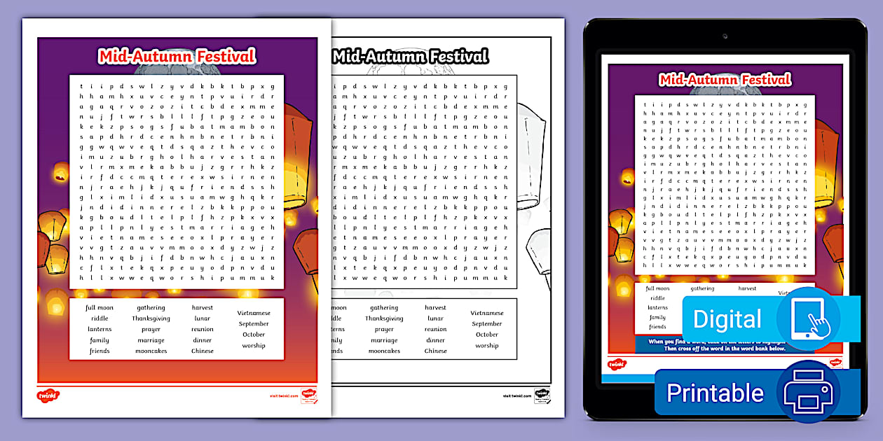 Mid-Autumn Festival Word Search for 6th-8th Grade - Twinkl