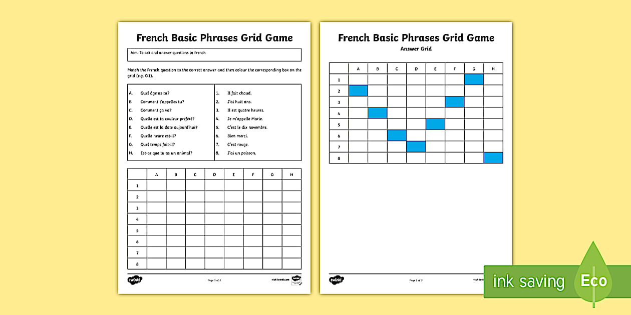Basic Phrases Grid Game French (teacher made) - Twinkl
