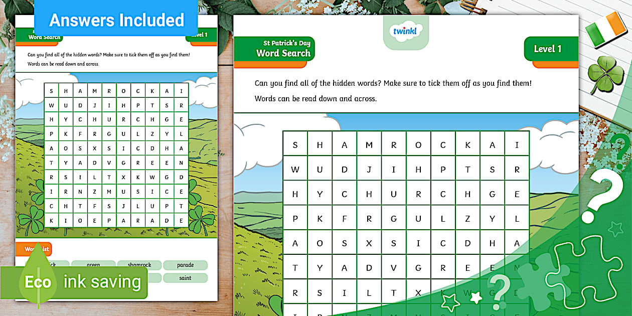 St. Patrick's Day Word Search - L1 - Twinkl - Kids Puzzles