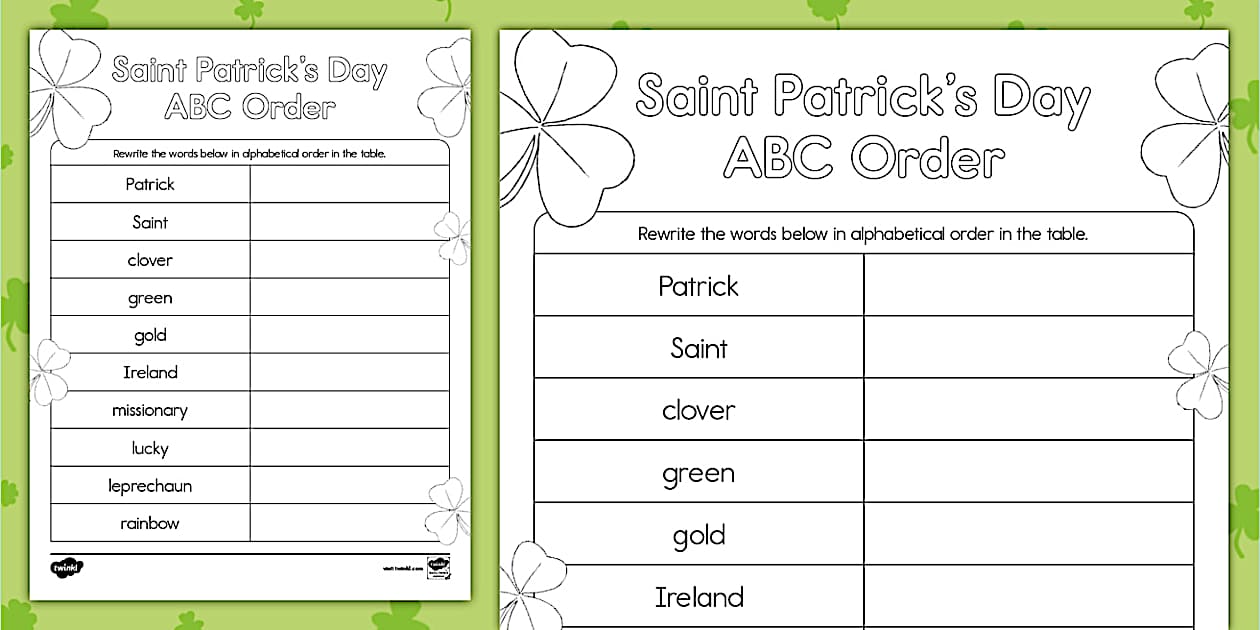 St. Patrick's Day Alphabetical Ordering Worksheet for K-2nd Grade