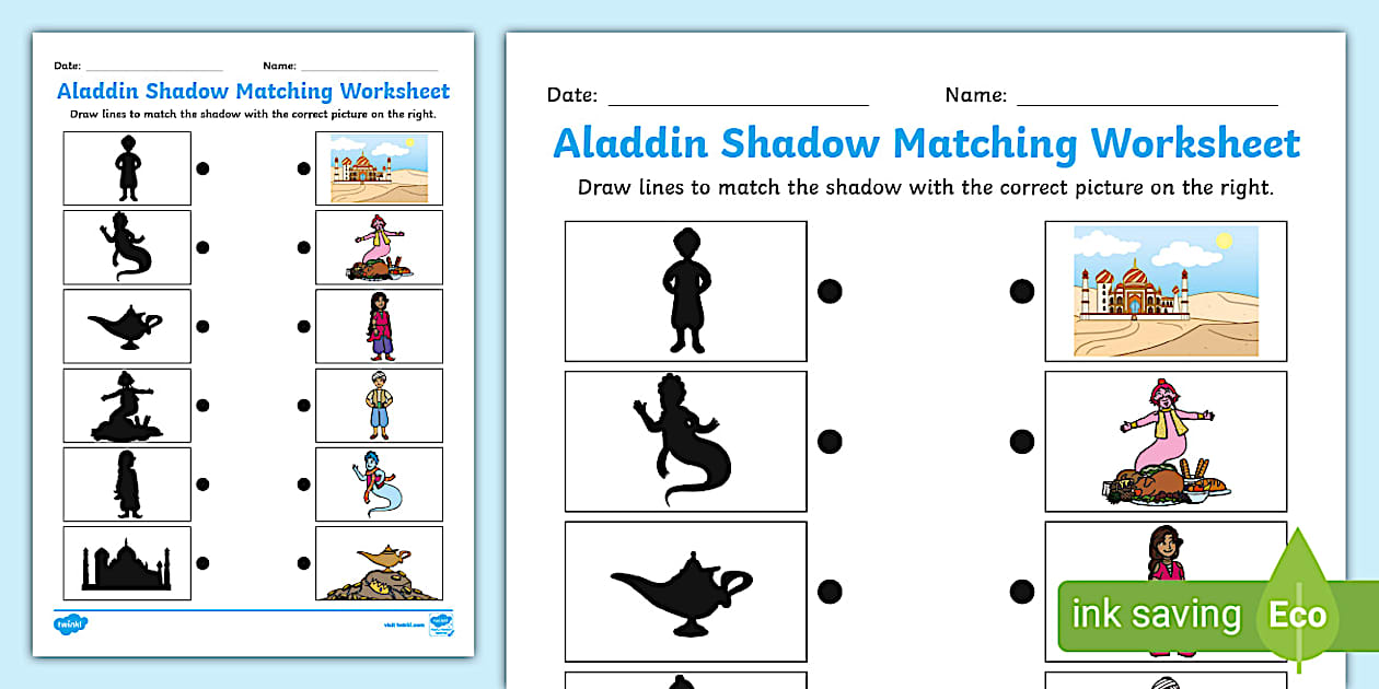 Aladdin Shadow Matching Worksheet (teacher made) - Twinkl