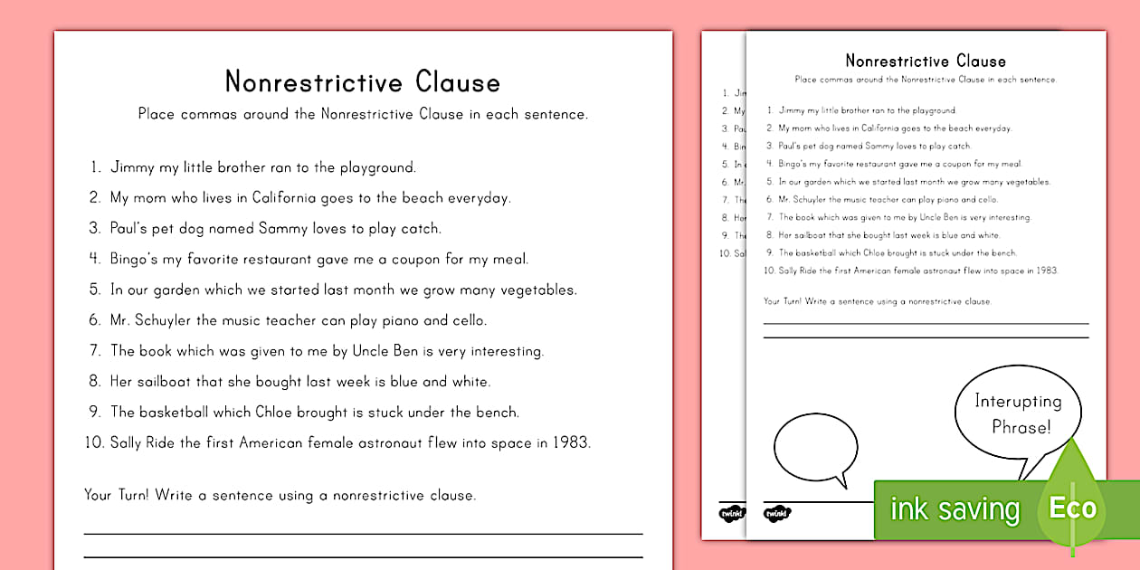 Nonrestrictive Clause Worksheet / Worksheet (Teacher-Made)