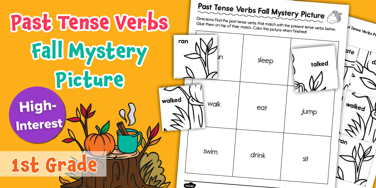 First Grade Past Tense Verbs Fall Mystery Picture - Twinkl