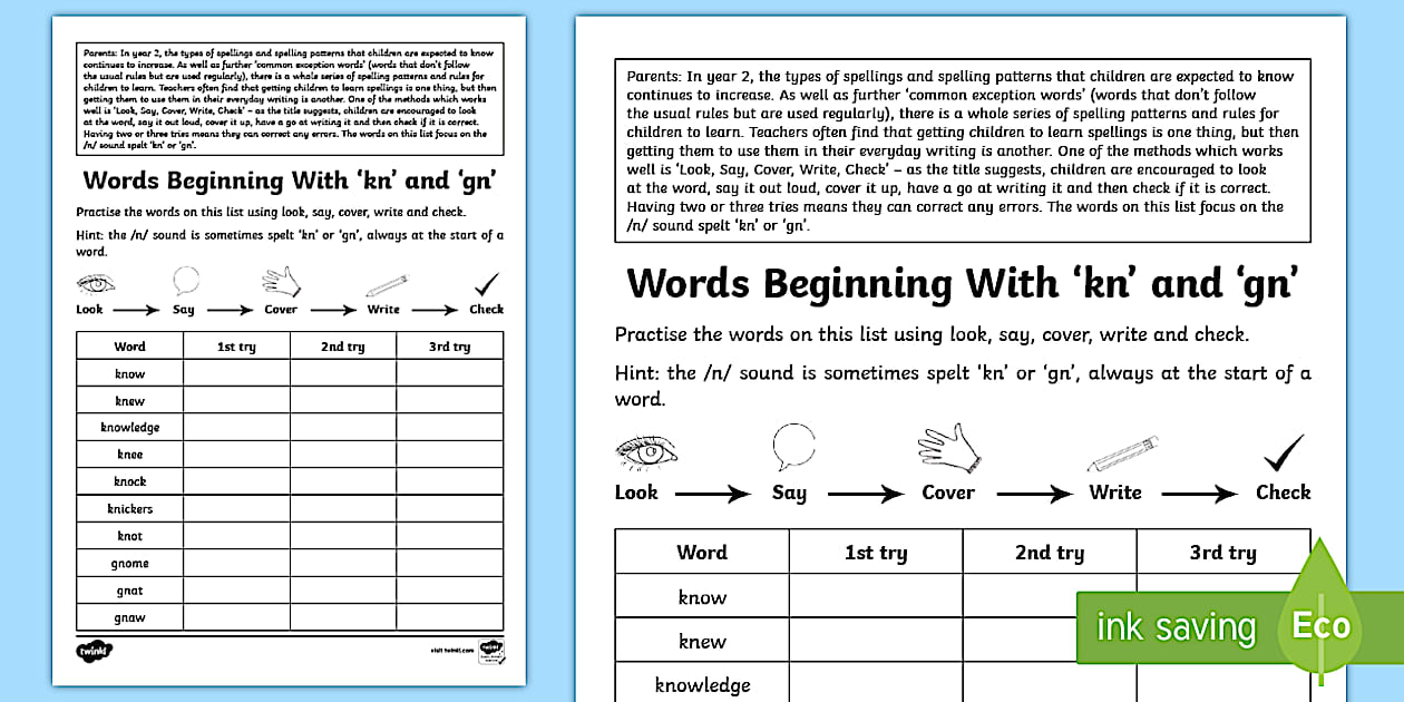 Year 2 Spelling Practice 'kn' and 'gn' Homework Worksheet / Worksheet