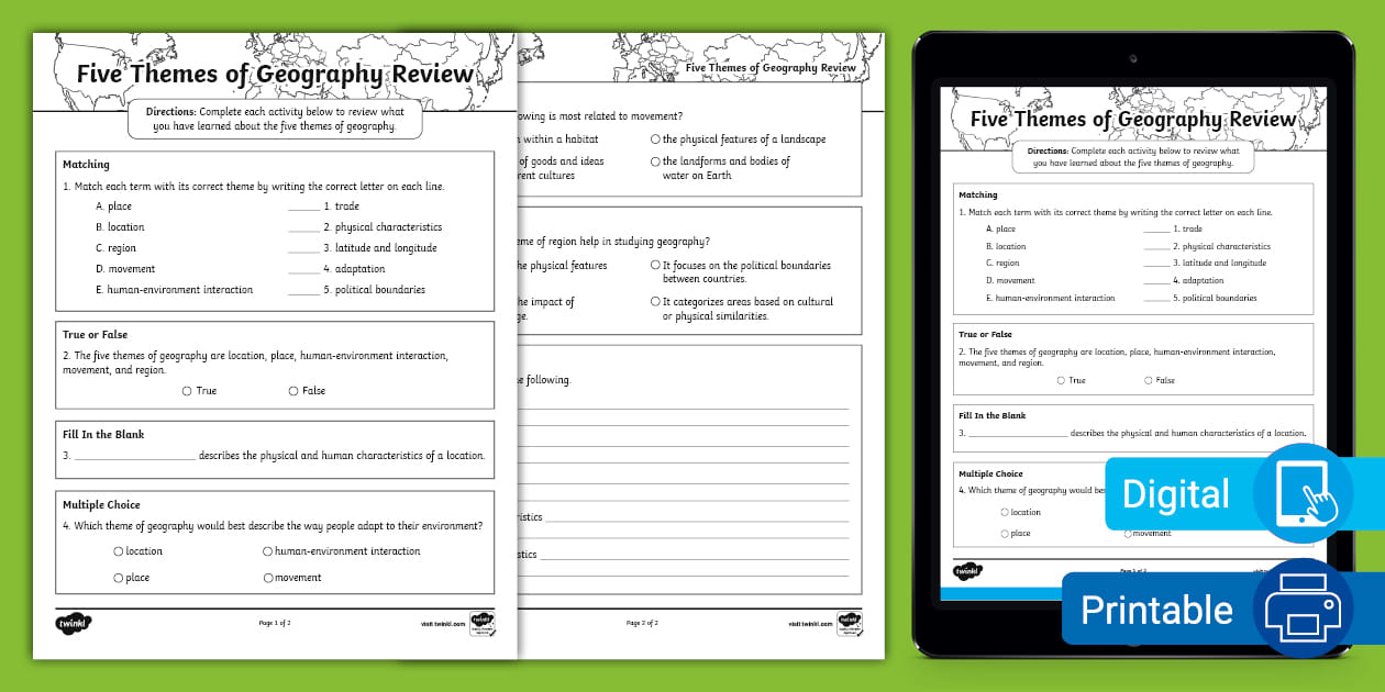 Five Themes of Geography Review Activity for 6th-8th Grade