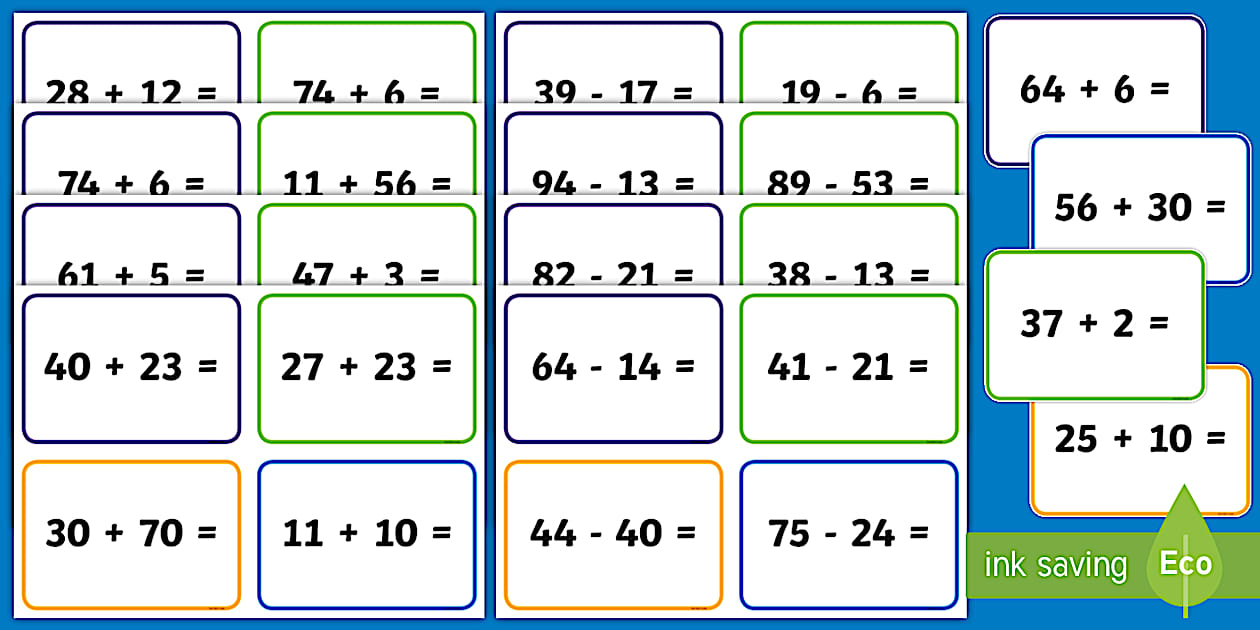 Editable Simple Addition and Subtraction Calculations within 100 Flashcards