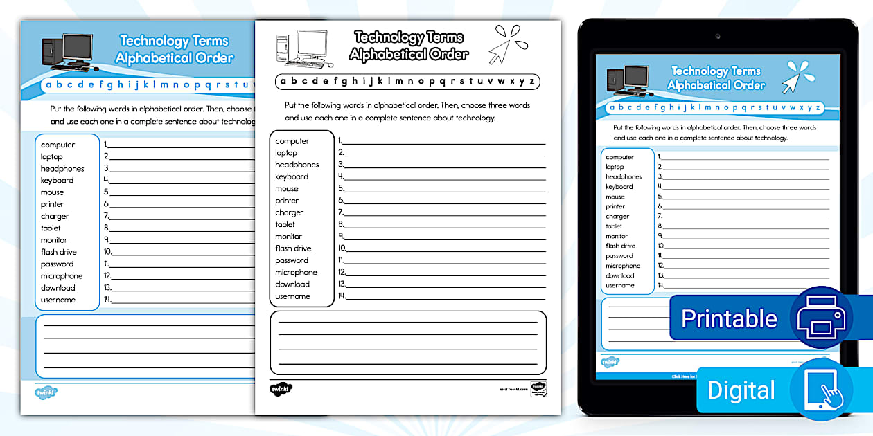 Technology Terms Alphabetical Order Worksheet for K-2nd Grade
