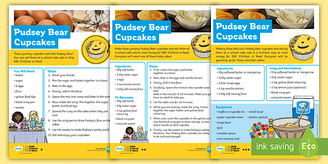FREE! - Pudsey Bear Cupcake Recipe: BBC Children in Need Reading Activity