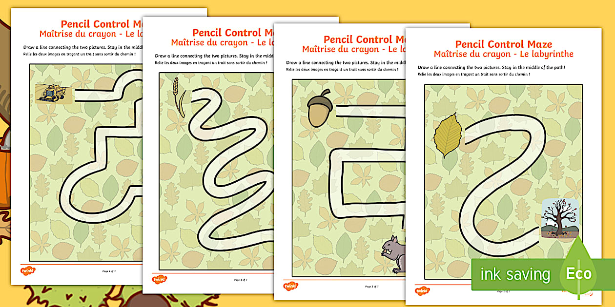 Autumn Themed Pencil Control Maze Worksheet / Worksheets English/French