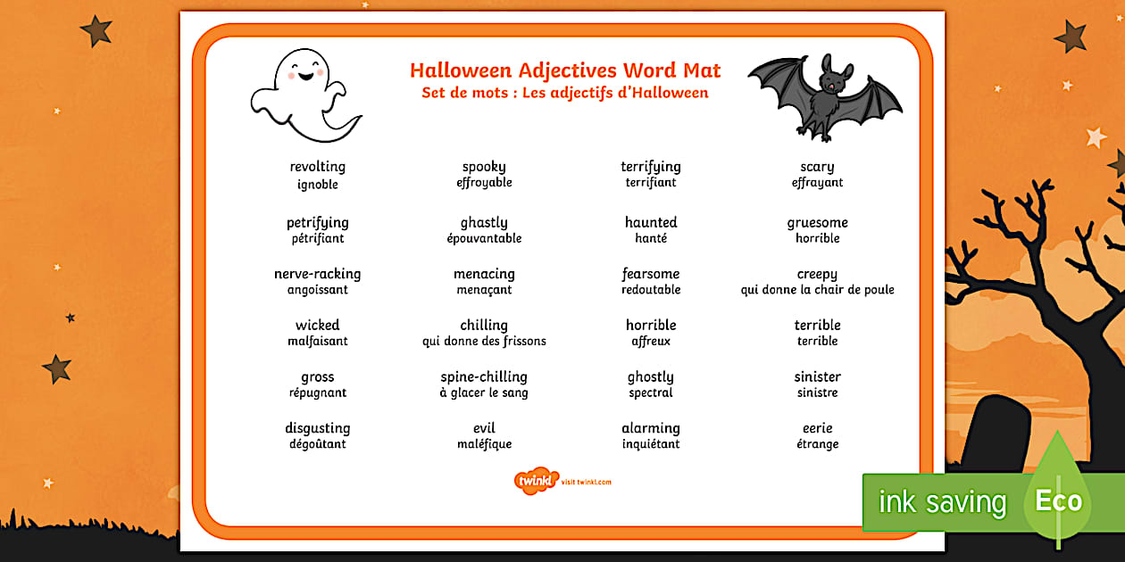 Halloween Adjectives Word Mat English/French - Twinkl