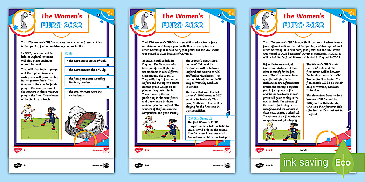 Lower Ability KS1 Women's Euro Differentiated Reading Comprehension Activity