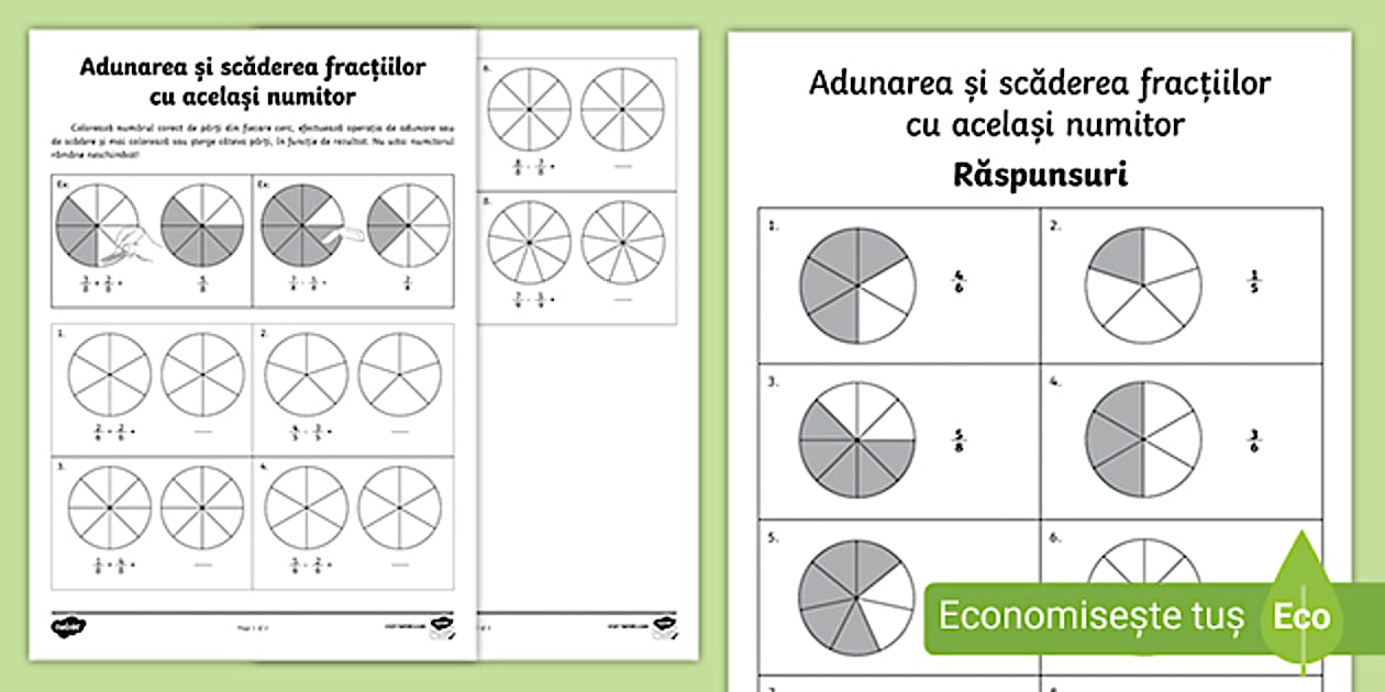 Adunarea și scăderea fracțiilor cu același numitor - Fișă de lucru