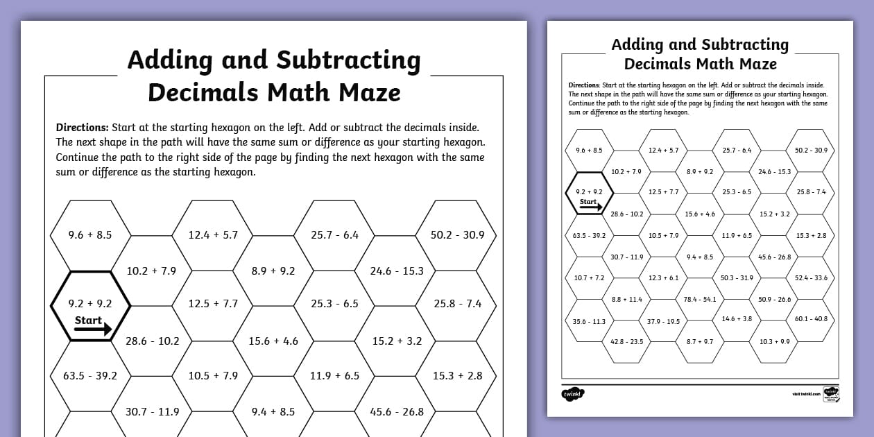 Sixth Grade Adding and Subtracting Decimals Hexagon Math Maze
