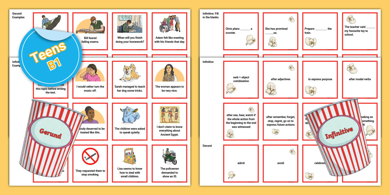 ESL Grammar Popcorn Game: Gerund or Infinitive - Twinkl