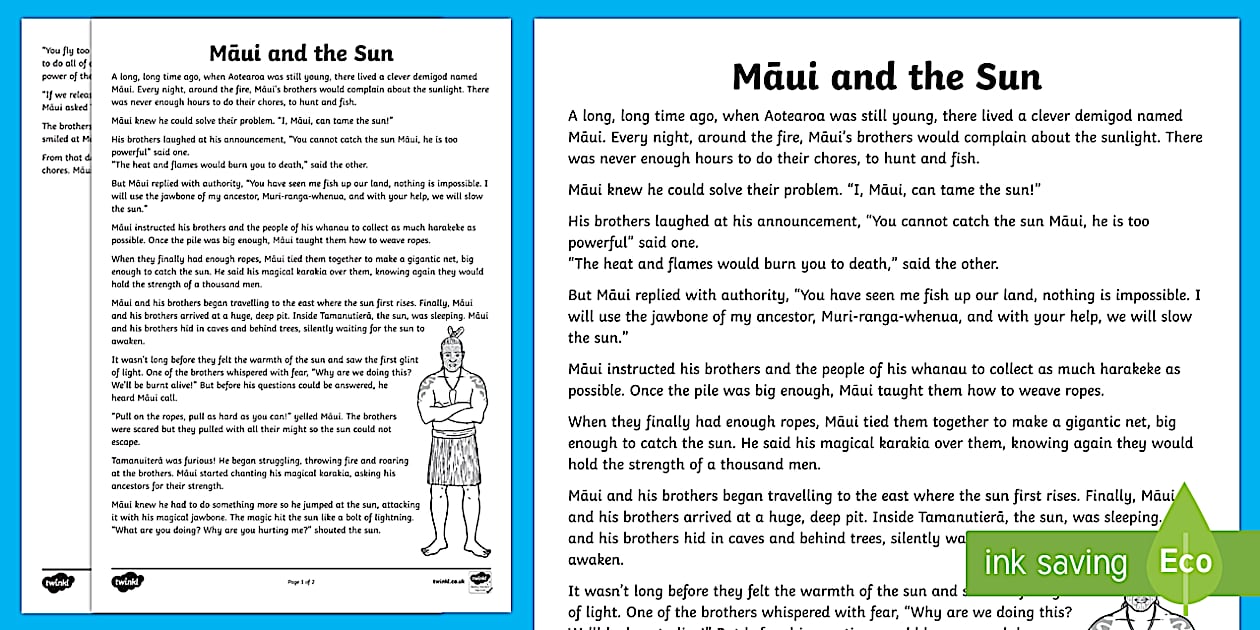 Māui and the Sun Story Sheet - Māori Sun God Tama-nui-te-rā
