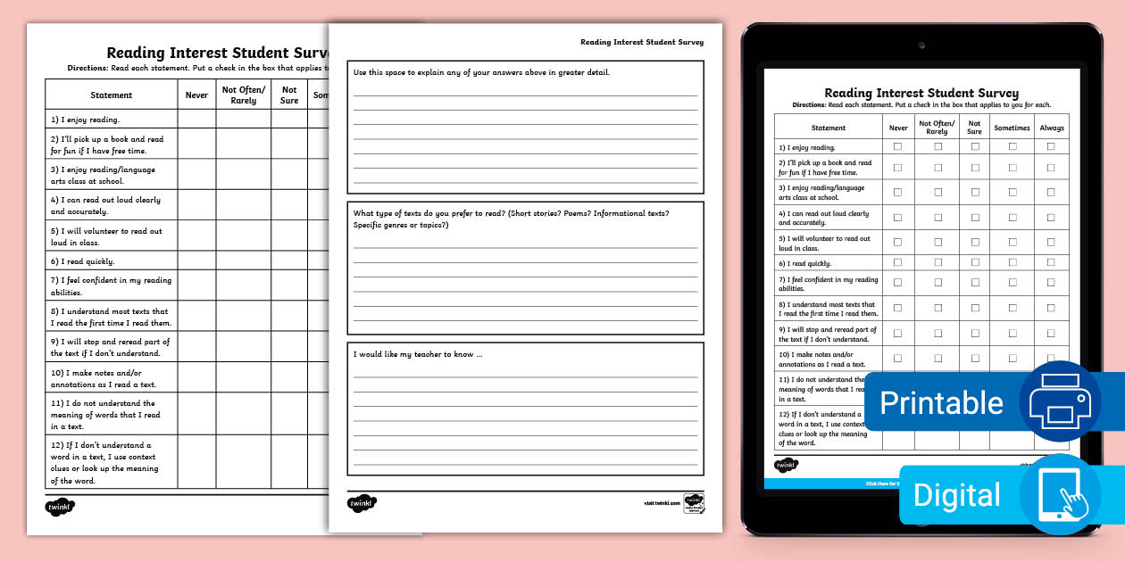 Reading Interest Student Survey for 6th-8th Grade - Twinkl