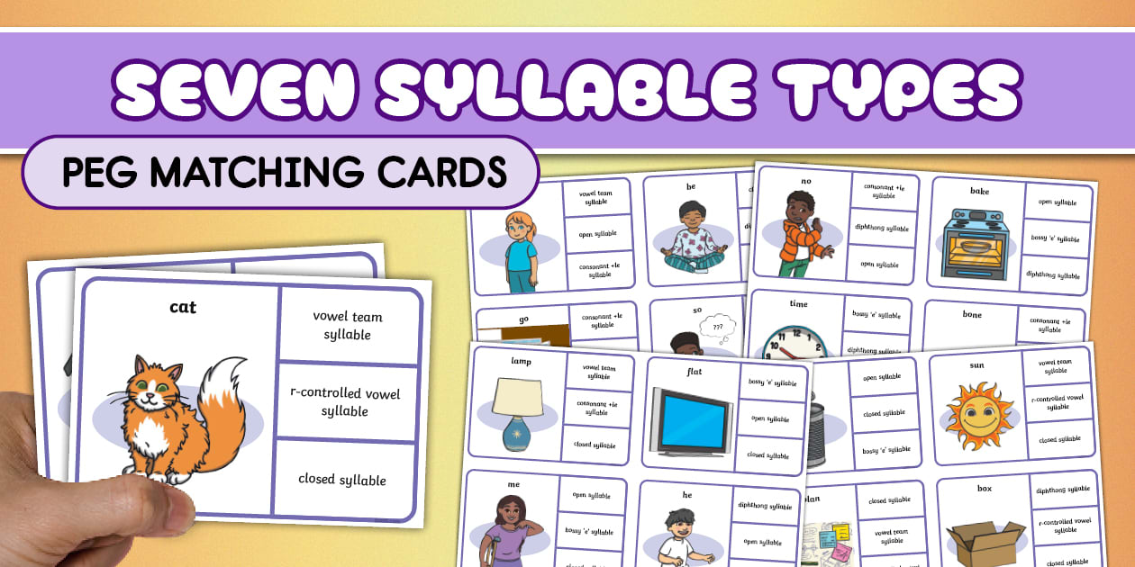 Seven Syllable Types Peg Matching Cards ∣ F-2 English
